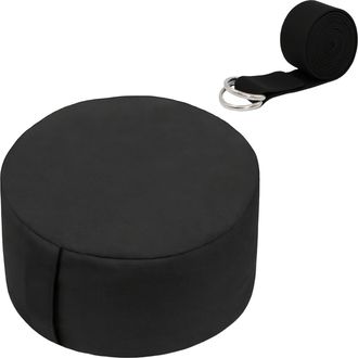 Relaxdays Meditationskissen Set, mit Yogagurt, Achtsamkeit, Bodenkissen, Bezug waschbar, HD 13x33 cm, Baumwolle, schwarz