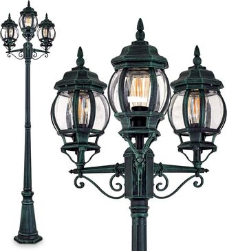 HOFSTEIN Außenleuchte Kobe, Kandelaber in antikem Look, Aluguß in Schwarz/Grün mit Kunststoff-Scheiben, 3-armige Wegeleuchte 215 cm, Retro/Vintage Gartenlampe,