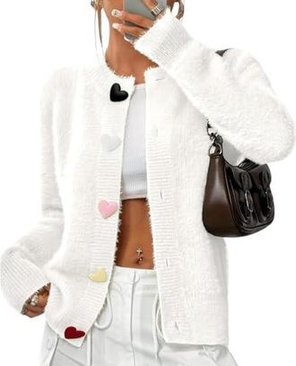 Generic Cardigan en tricot pelucheux pour femme - Chandail &agrave; col ras du cou - Chandail en tricot avec boutons en forme de coeur sur, blanc, XL