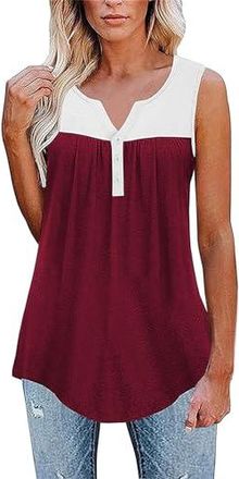 Generic Débardeur dété ample pour femme - T-shirt avec bouton col en V - Hauts sans manches - T-shirt bicolore patchwork - T-shirt de sport décontracté - Gile