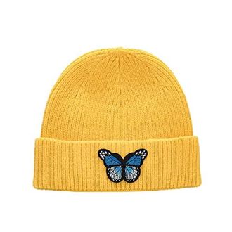 Generic Bonnet de ski en tricot chaud pour femme Motif papillon brod&eacute;, jaune, Taille unique