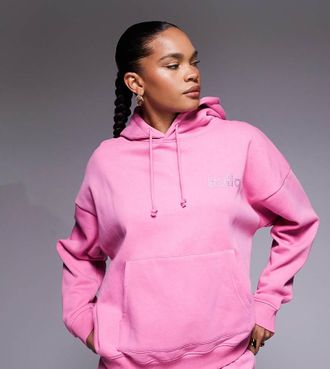 KAIIA Exklusiver Oversize-Kapuzenpullover in Pink mit hohem Baumwollanteil und Strass-Logo, Kombiteil-Rosa