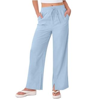 Generic Pantalon pour femme tendance et d&eacute;contract&eacute; de couleur unie taille haute fente jambe large pantalon d&eacute;contract&eacute; avec poches pantalon noir &agrave; jambe larg