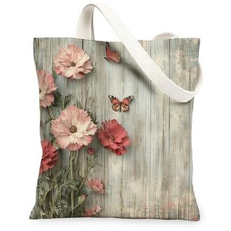 Generic Sac fourre-tout en toile &agrave; oeillets pour le shopping 33 x 38 cm, sac d&eacute;picerie r&eacute;utilisable rustique vintage pour femme, motif floral de campagne, pei