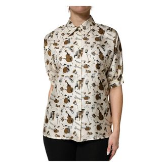 Dolce & Gabbana Femme, Blouses et Chemises, Beige, Taille: 40 FR Musical Instrument Print Short Sleeve Top