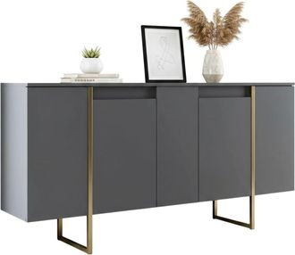Dmora Kommode Betel, Wohnzimmerbuffet, Wohnzimmer-Sideboard, Moderne K&uuml;chen-Speisekammer, 160x35h80 cm, Walnuss und Gold