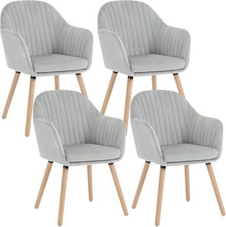 Woltu Lot de 4 Chaises de Salle &agrave; Manger, Fauteuil en Velours, Rembourr&eacute;e, avec Accoudoirs, Pieds en Bois Massif, pour Cuisine Salon Chambre, Gris Clair