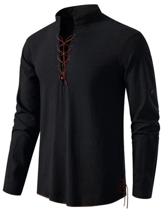 PARKLEES Herren Baumwolle Retro Lace Up Langarm Shirts f&uuml;r Renaissance Pirat Wikinger Mittelalter, leder schwarz, XXL