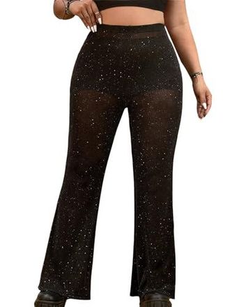 SOLY HUX Y2K Pantalon en maille transparente pour femme, &agrave; paillettes, pour f&ecirc;te, festival, danse, tenue techno, Noir, XXL
