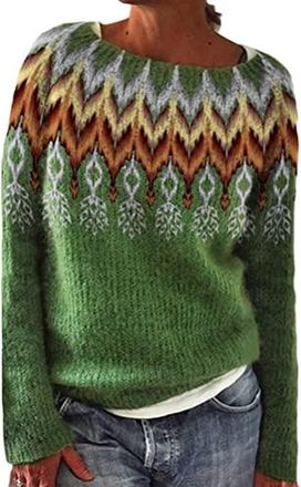Onsoyours Femme Pull Hiver Sweats Chandail Chaud Épais en Maille Tricot Vintage Ethnique Imprimé Patchwork Pullover Manches Longues Pas Cher A La Mode Sweater T