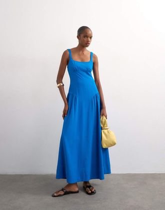 Topshop Robe longue en lin m&eacute;lang&eacute; &agrave; taille basse - Bleu de cobalt