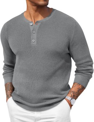 Coofandy Herren Henley Pullover Strickpullover Winterpullover mit Knöpfe Sweater Grobstrickpullover Waffel Pulli Hellgrau XL