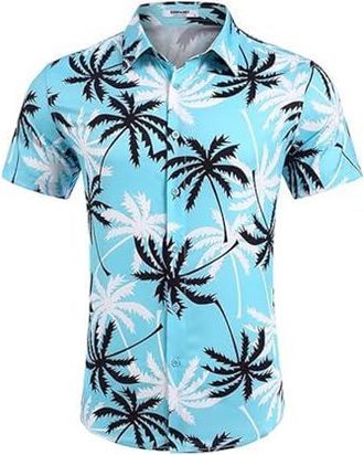 Generic Chemise hawa&iuml;enne grande et grande pour homme - Motif floral tropical hawa&iuml;en palmier - Chemise de plage &agrave; manches courtes boutonn&eacute;e - Chemise de croi