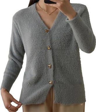 Generic Cardigan en laine pour femme avec boutons et col en V, gris, Taille XS