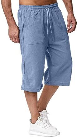 Generic 2025 Short Lin et Bermuda Homme 3/4 Long D&Eacute;t&eacute; Pantacourt Coton, pour La Plage, Le Yoga, Le Jogging, Pantalon Taille Elastique D&eacute;contract&eacute; Pas Cher
