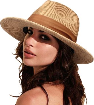 Dreshow Damen Panama Hut Breiter Krempe Stroh Sommer Fedora Strohhut Panama Aufrollen Hut Strand Rollbar UV Sonnenhut UPF 50 +