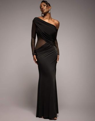 Goddiva Robe longue asym&eacute;trique en tissu doux et tulle &agrave; encolure b&eacute;nitier fronc&eacute;e - Noir