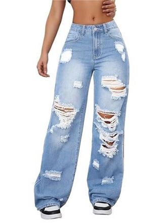 Generic Y2K Y2K Jean baggy boyfriend d&eacute;chir&eacute; taille haute pour femme, bleu, S