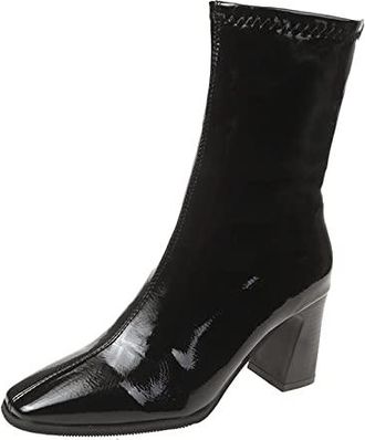 Generic Bottes &agrave; talons hauts &agrave; bout carr&eacute; en cuir de couleur unie pour femme, Noir, 39 EU
