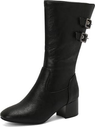 Generic Bottes d&eacute;quitation mi-mollet &agrave; bout carr&eacute; et fermeture &eacute;clair lat&eacute;rale pour femme, Noir, 38.5 EU