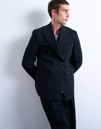 Topman Blazer &agrave; double boutonnage effet laine &agrave; rayures - Bleu marine