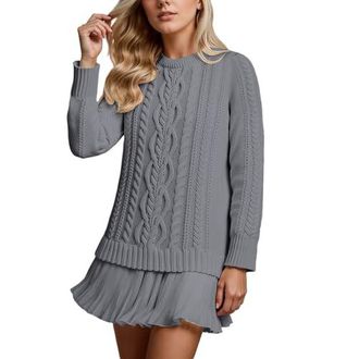 Generic Robe pull pour femme avec jupe en dentelle, robe en tricot, tricot torsad&eacute; &eacute;l&eacute;gant, automne confortable, chaude, en laine, col rond, robe pliss&eacute;e patc