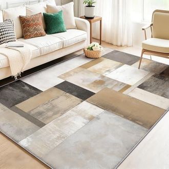 Generic Tapis &agrave; Motif Blocs De Couleurs Abstraits Modernes Grand Antid&eacute;rapant &agrave; Poils Courts Doux Chambre Poil Ras de Sol Gris Beige, 140 x 200 cm