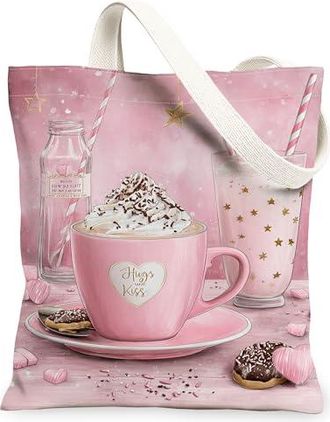 Generic Sacs fourre-tout en toile de p&ecirc;che pour la Saint-Valentin, motif tasse mignon, sacs d&eacute;picerie r&eacute;utilisables, romantiques, l&eacute;gers et lavables, p&ecirc;che, 1