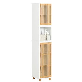 SoBuy Badezimmerschrank, schmal Hochschrank, Feuchtigkeitsresistenter Badschrank mit Bambust&uuml;ren, platzsparend Badm&ouml;bel 30cm breit aus Holz Wei&szlig;-Natur 33x16