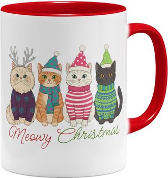 OM3 Meowy Christmas Kaffee-Tasse mit s&uuml;&szlig;en K&auml;tzchen - Weihnachtstasse 4 niedliche Katzen IV - Keramik Becher - 325ml - Beidseitig Bedruckt - Rot