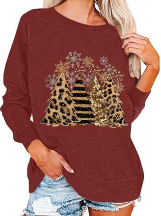 Generic Sweat-shirt &agrave; col rond pour femme - Chemise de No&euml;l d&eacute;contract&eacute;e pour femme - Motif l&eacute;opard - Arbre de No&euml;l - Pull vintage - Haut de vacances pour fem