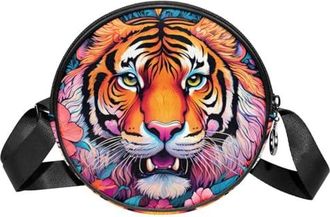 Generic Petit sac &agrave; bandouli&egrave;re rond pour femme, motif fleur de tigre, sac &agrave; dos avec fermeture &eacute;clair, bretelles r&eacute;glables, sac &agrave; main rond d&eacute;contract&eacute; pour 