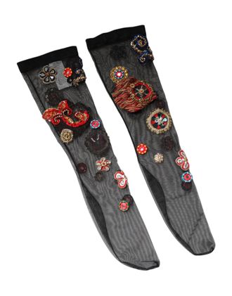 Dolce & Gabbana Womens Black Stretch Carretto Crystal Stockings Socks Nylon Clothing