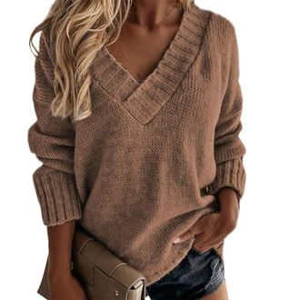 Generic Pull dautomne surdimensionn&eacute; d&eacute;contract&eacute; et intemporel &agrave; col en V pour femme - Pull &eacute;pais &agrave; manches longues - Pull c&ocirc;tel&eacute; pour lhiver, marron, XXL