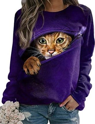 Onsoyours Femme Pull Mode Chat Imprim&eacute; Animal Imprim&eacute; 3D Motif de Chat Sweat col Rond &Agrave; Manches Longues Color Block Patchwork Tops Blouse Style-20 XXL