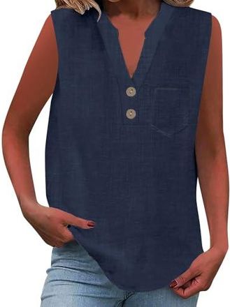 Generic Débardeur pour femme en coton et lin - Léger et confortable - Sans manches - Débardeurs dété - Col en V - Ample - Haut de plage sexy - Chemisier décon
