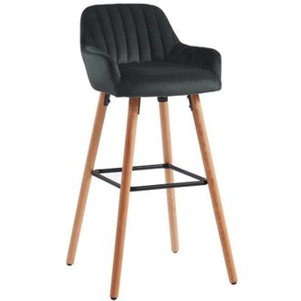 Vente-Unique Vente-unique - Tabouret de bar en velours et pieds bois de h&ecirc;tre - Noir - eleana