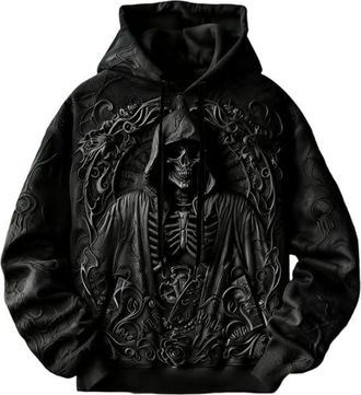 Generico Sweatshirt m&eacute;di&eacute;val r&eacute;tro &agrave; capuche pour homme avec motif animal mode d&eacute;contract&eacute; pull &agrave; capuche grande taille en polaire avec t&ecirc;te de mort, Noir, XXX