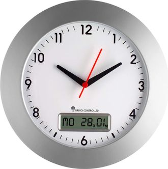 TFA Dostmann Analoge Funkwanduhr, 98.1092, Digitale Datumsanzeige und Wochentag, gut ablesbar, mit Sekundenzeiger, Silber