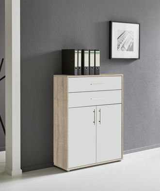 BMG M&ouml;bel Aktenschrank B&uuml;ro Arbeitszimmer mit Schubk&auml;sten und 2 T&uuml;ren w&auml;hlbar aus 11 verschiedenen Farbkombinationen (Sonoma Eiche - Wei&szlig; Matt)