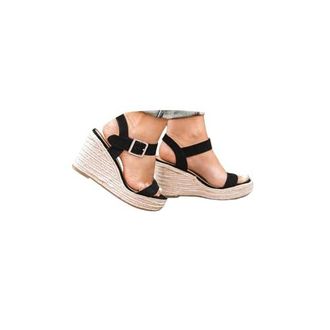 Generic Sandales &agrave; talons compens&eacute;s pour femme, style boh&eacute;mien, espadrilles, talons hauts d&eacute;t&eacute;, bout ouvert, sandales &agrave; enfiler pour femme, Noir, 39.5 EU