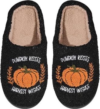 Generic Chaussons en peluche avec doublure chaude - Semelle plate - Chaussons douillets - Halloween pour lhiver et lautomne, Noir, 40 EU