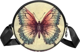 Generic Sac &agrave; bandouli&egrave;re rond pour femme, motif papillon vintage, petit sac &agrave; bandouli&egrave;re avec fermeture &eacute;clair, bretelles r&eacute;glables, sac &agrave; main rond d&eacute;contr