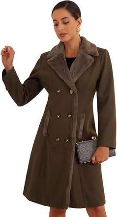 Allegra K Manteau en Faux Suède Femme à Col en Peluche Caban en Daim dHiver à Double Boutonnage Trench Coat Mi-long Chaud Vintage Marron Foncé XL