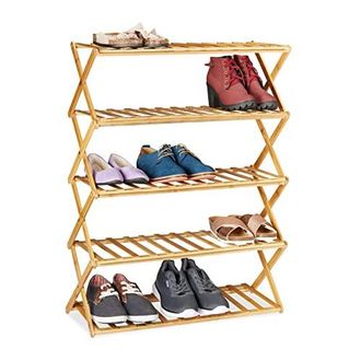 Relaxdays Étagère à Chaussures Pliable, 5 étages, 15 Paires, Maison et Camping, Support Bambou, HLP 89x65x26 cm, Nature