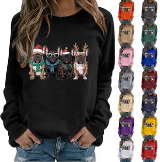 Generic HUIFUAO - Sweat-shirt de No&euml;l pour femme avec imprim&eacute; bouledogue mignon - Pull de No&euml;l amusant avec P&egrave;re No&euml;l et renne - Pull tendance pour festival -