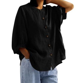 Generic Chemisier en lin pour femme - Col rond - Manches 3/4 - Couleur unie - Boutonn&eacute; - Haut d&eacute;contract&eacute; - &Eacute;t&eacute; - Grande taille - Mousseline et lin - Hauts re