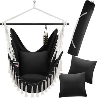 TecTake Hängesessel Outdoor wetterfest oder Indoor mit Tabletfach und Getränkehalterung, Makramee Schaukel für Balkon, Hängestuhl Garten, Hängeschaukel belast