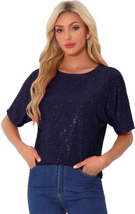 Allegra K Blouses à Paillettes Femmes Métalliques Col Rond Manches Courtes Haut Brillant de Soirée T-Shirts Scintillants Bleu Marin XS