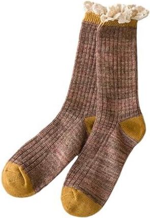 Generico Chaussettes mi-mollet avec garniture en dentelle, chaussettes de printemps avec fil &eacute;pais pour femme 2 paires, Color4, Taille Unique